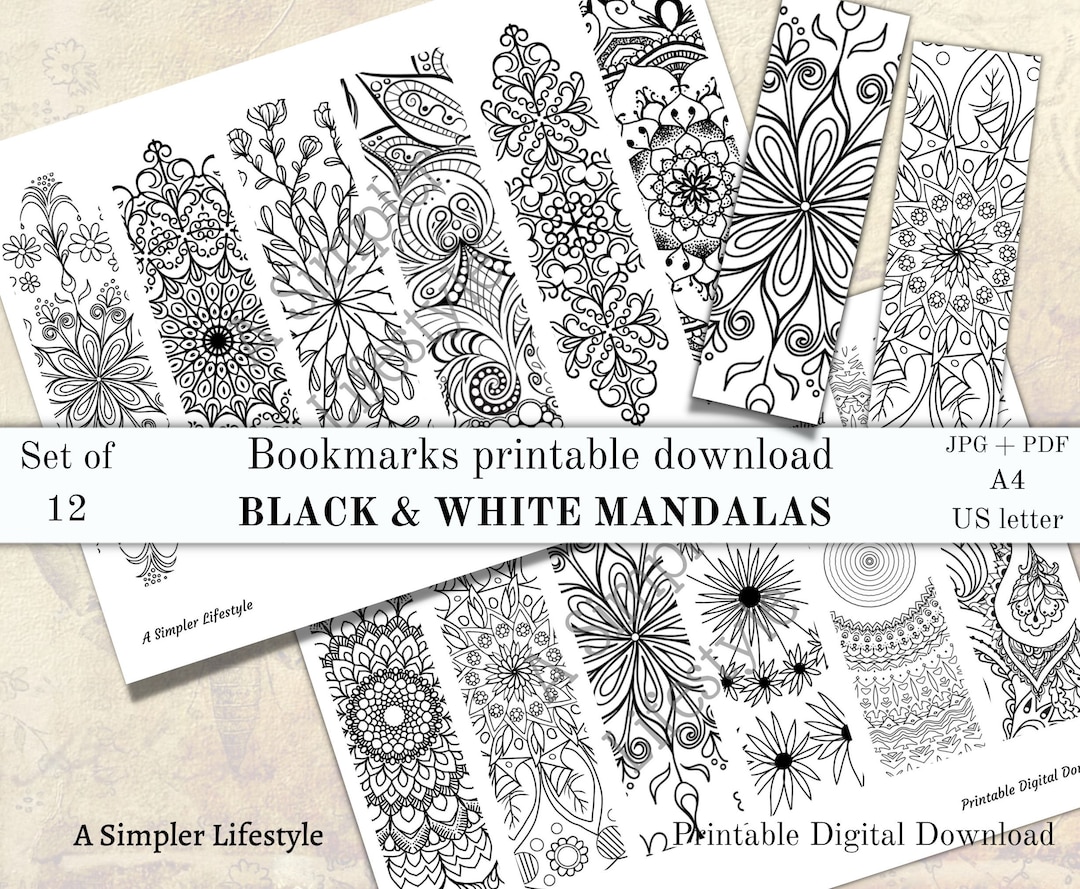 Printable Mandala Bookmarks, Black and White Colouring Bookmarks, 12 ...