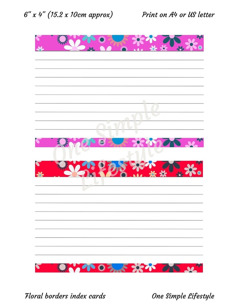 Index Cards Printable 6x4" and 5x3", Floral Border Task Cards, Set of 8 ...