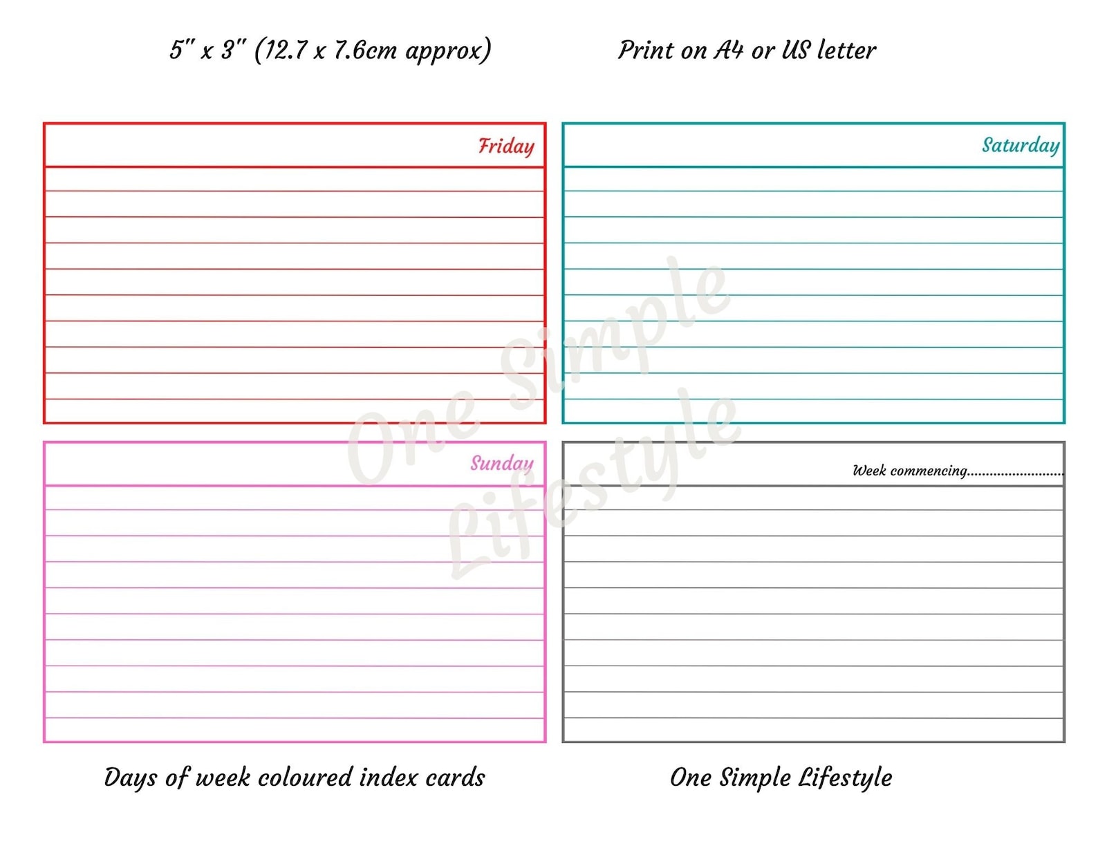 Printable Index Cards Days of the Week, 5"x3" Organisation Cards ...
