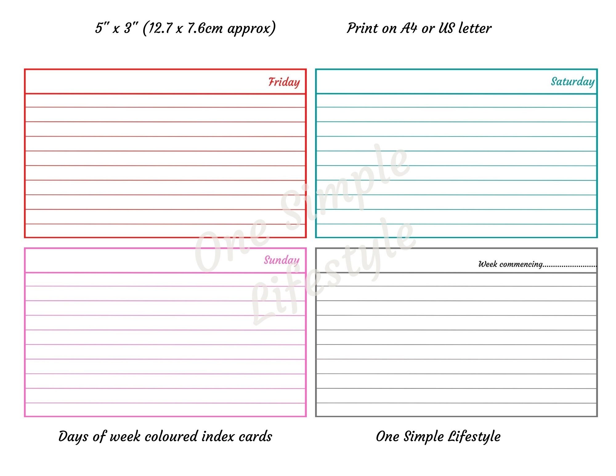 Printable Index Cards Days of the Week, 5"x3" Organisation Cards ...