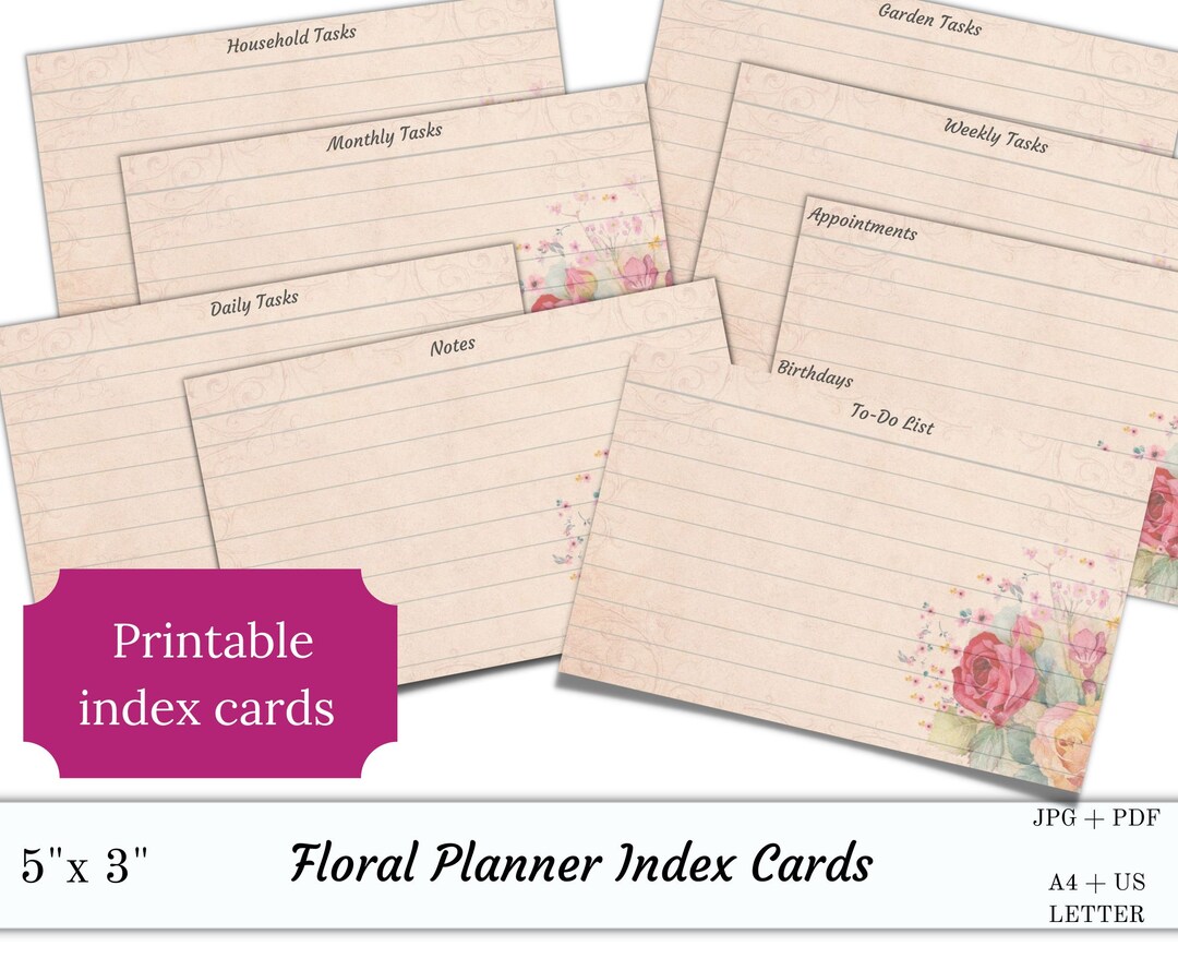 Floral Planner Index Cards, Printable Journal Cards, 5x3" Organisation ...