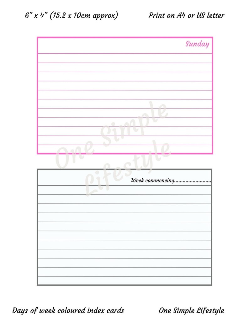 Printable Index Cards Days of the Week, 6"x4" Organisation Cards ...