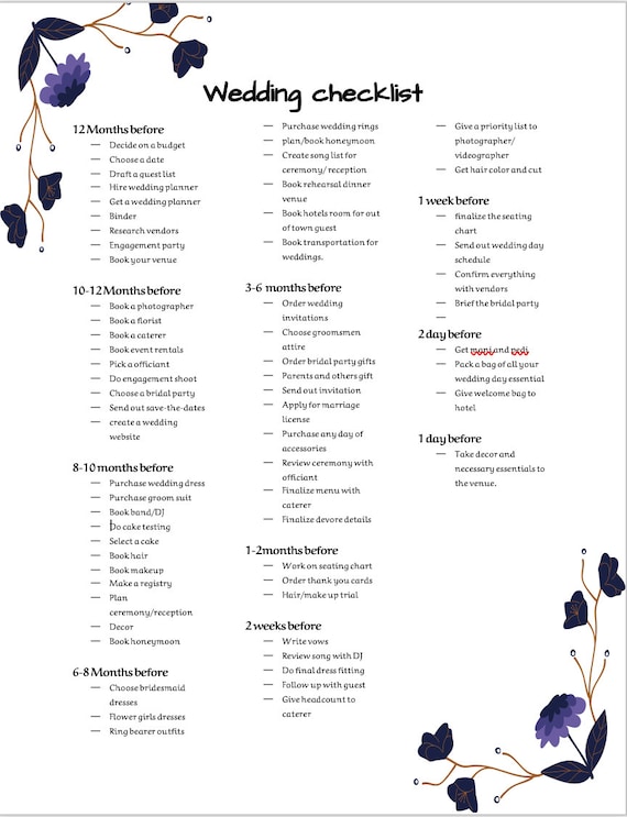Wedding Checklist downloadable Only - Etsy