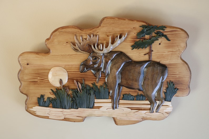Handcrafted Intarsia Wall Art With Moose by Lake, Rustic Cabin Decor - Etsy