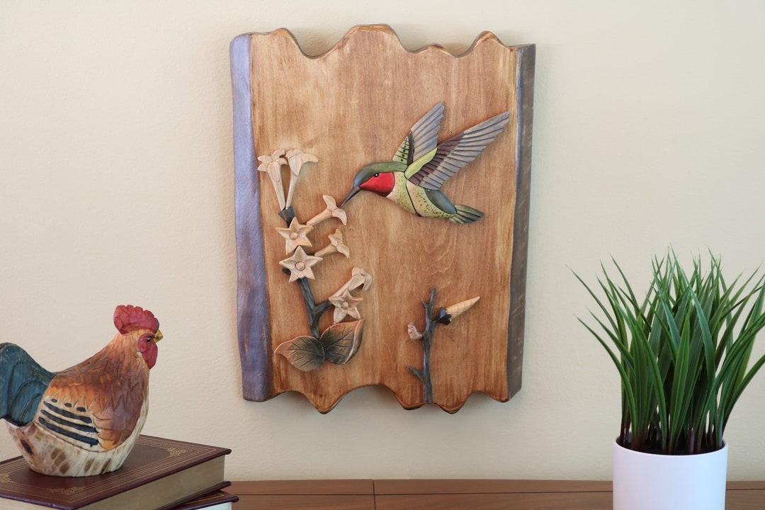 Hummingbird Drinking Nectar Intarsia Wallart, Handmade Hummingbird ...
