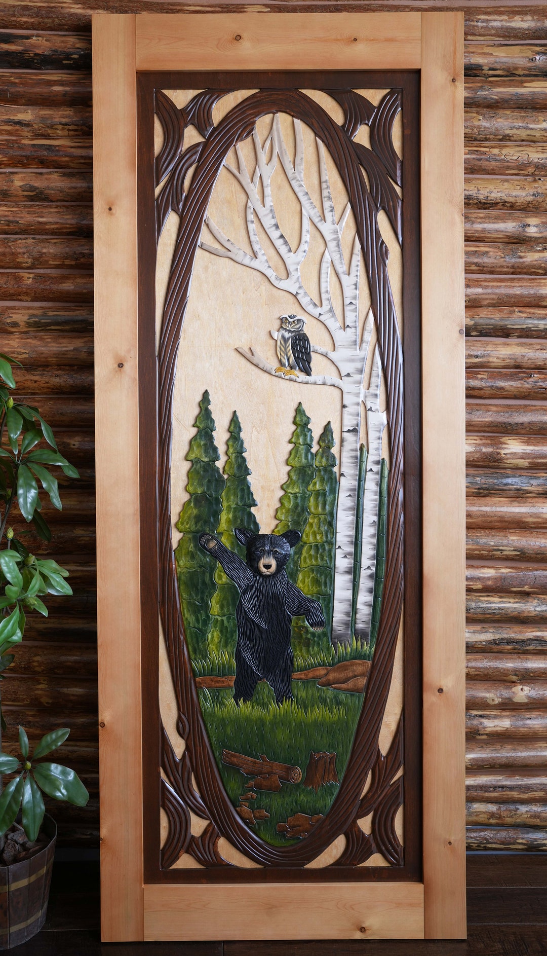 Bear Waving Pine Door, Handmade Bear Pine Door, Handcrafted Pine Door ...