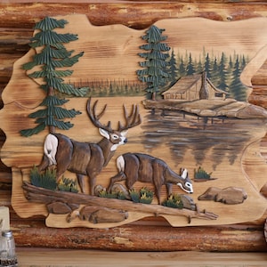 Deer Family Intarsia Wall Art, Deer Family Wood Art, Deer and Cabin ...