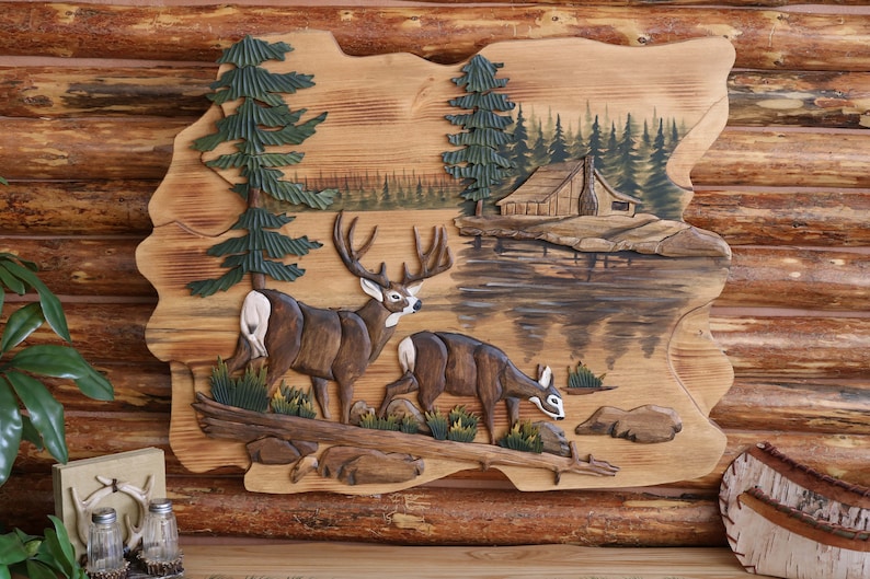 Deer Family Intarsia Wall Art, Deer Family Wood Art, Deer and Cabin ...