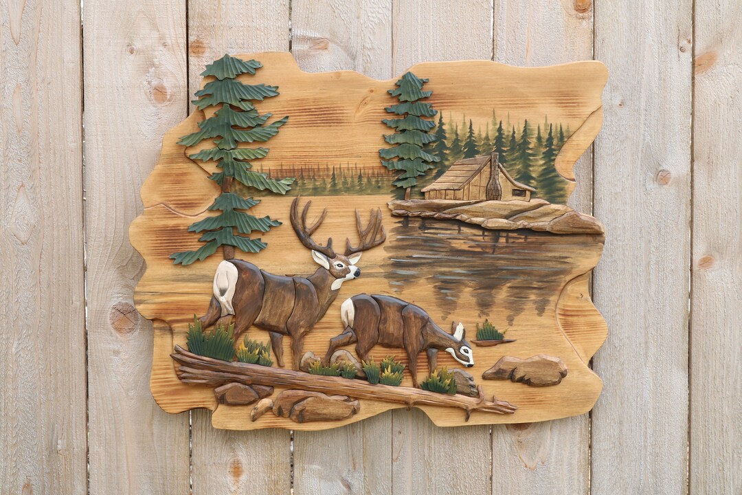 Deer Family Intarsia Wall Art, Deer Family Wood Art, Deer and Cabin ...
