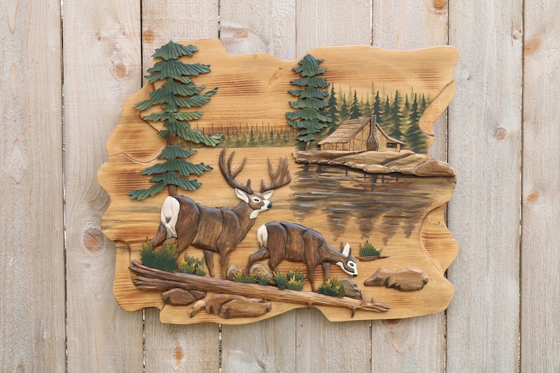 Deer Family Intarsia Wall Art, Deer Family Wood Art, Deer and Cabin ...