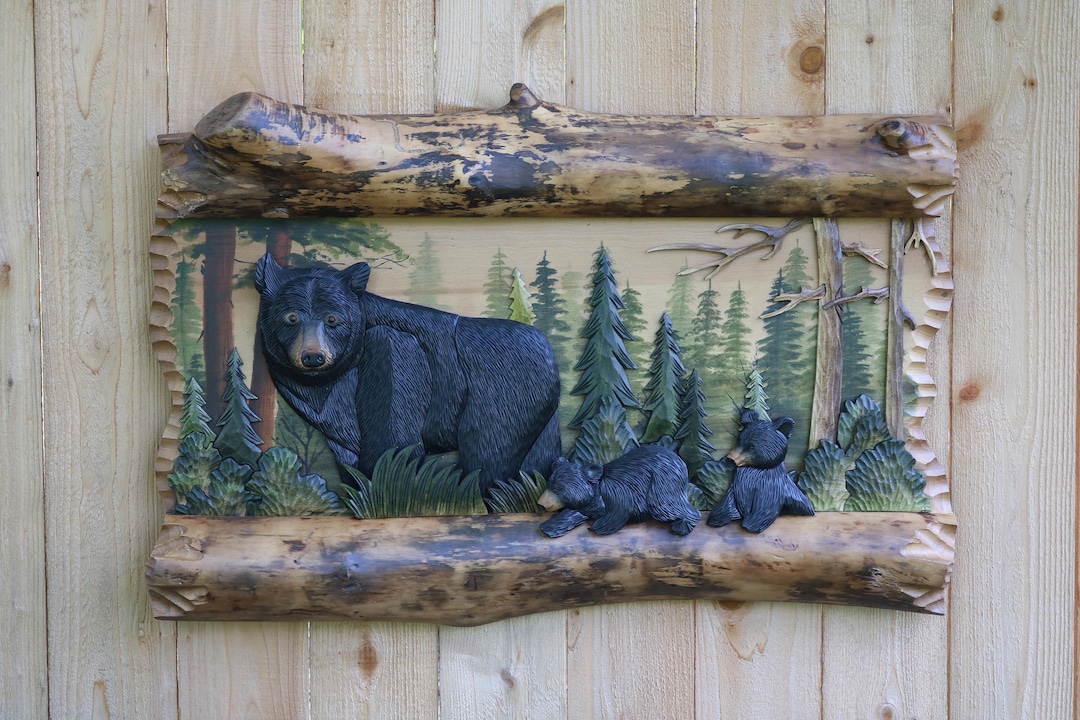 Bear and Cubs Intarsia Wood Wall Art, Bear and Cubs Wall Cabin Décor ...