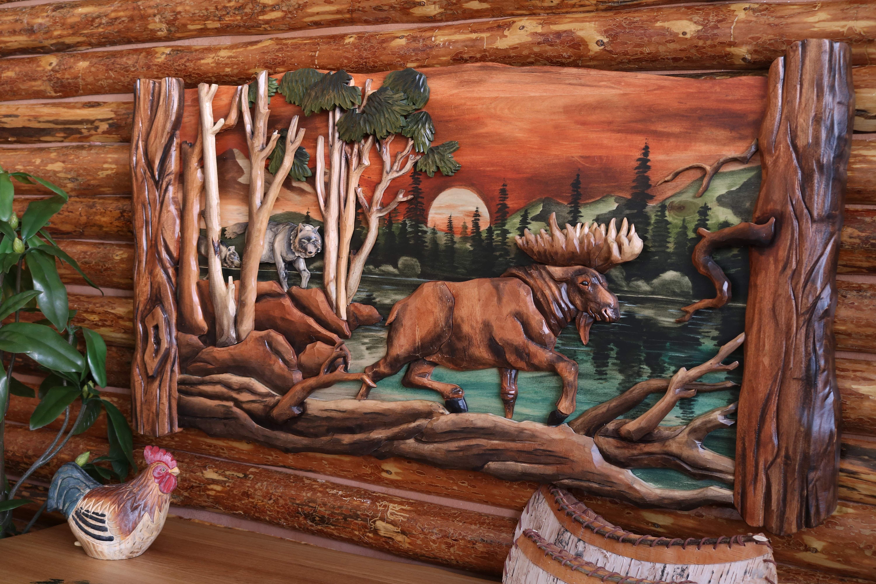 Moose and Wolf Intarsia Wood Wall Art, Moose and Wolf Intarsia Wood Art ...