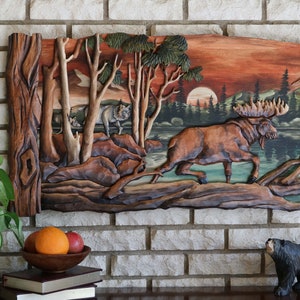 Moose and Wolf Intarsia Wood Wall Art, Moose and Wolf Intarsia Wood Art ...