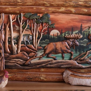 Moose and Wolf Intarsia Wood Wall Art, Moose and Wolf Intarsia Wood Art ...