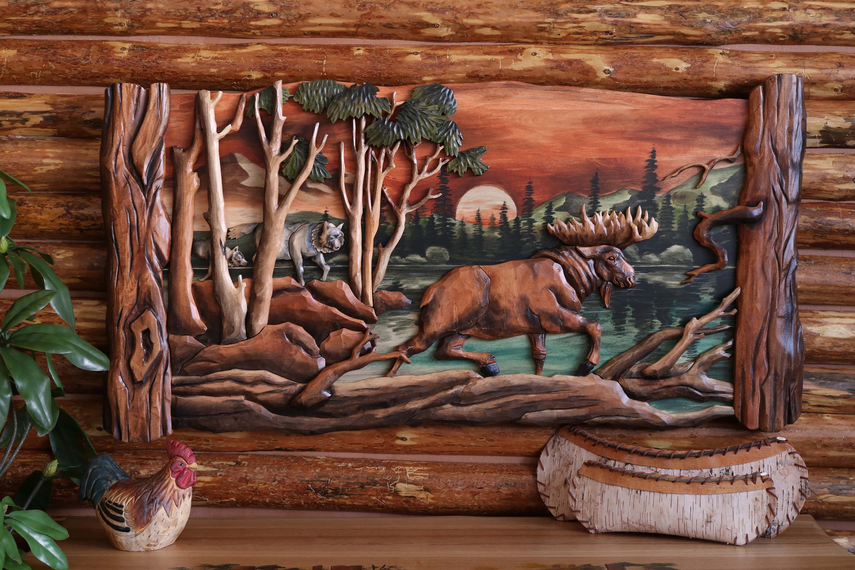 Moose and Wolf Intarsia Wood Wall Art, Moose and Wolf Intarsia Wood Art ...