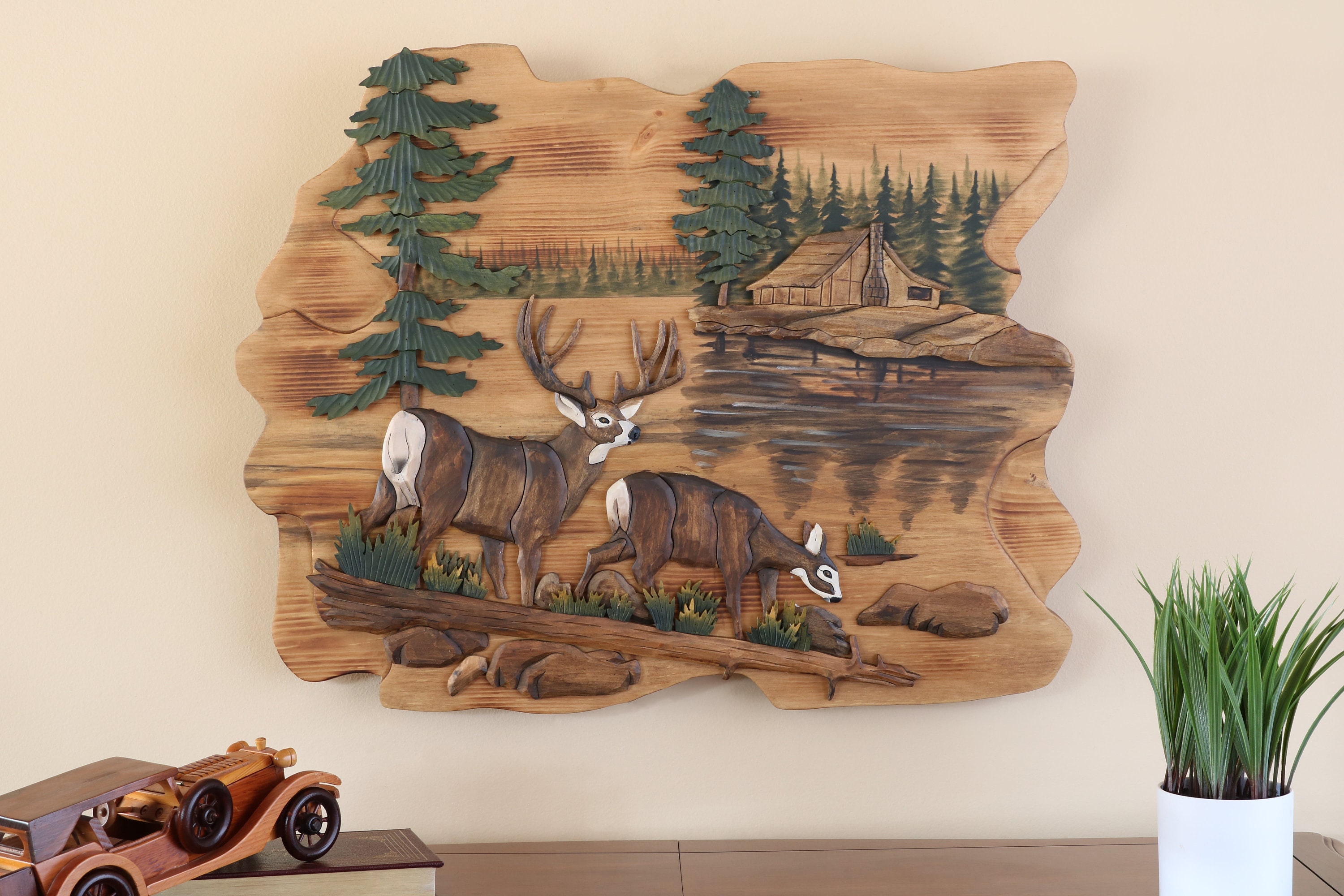 Deer Family Intarsia Wall Art, Deer Family Wood Art, Deer and Cabin ...