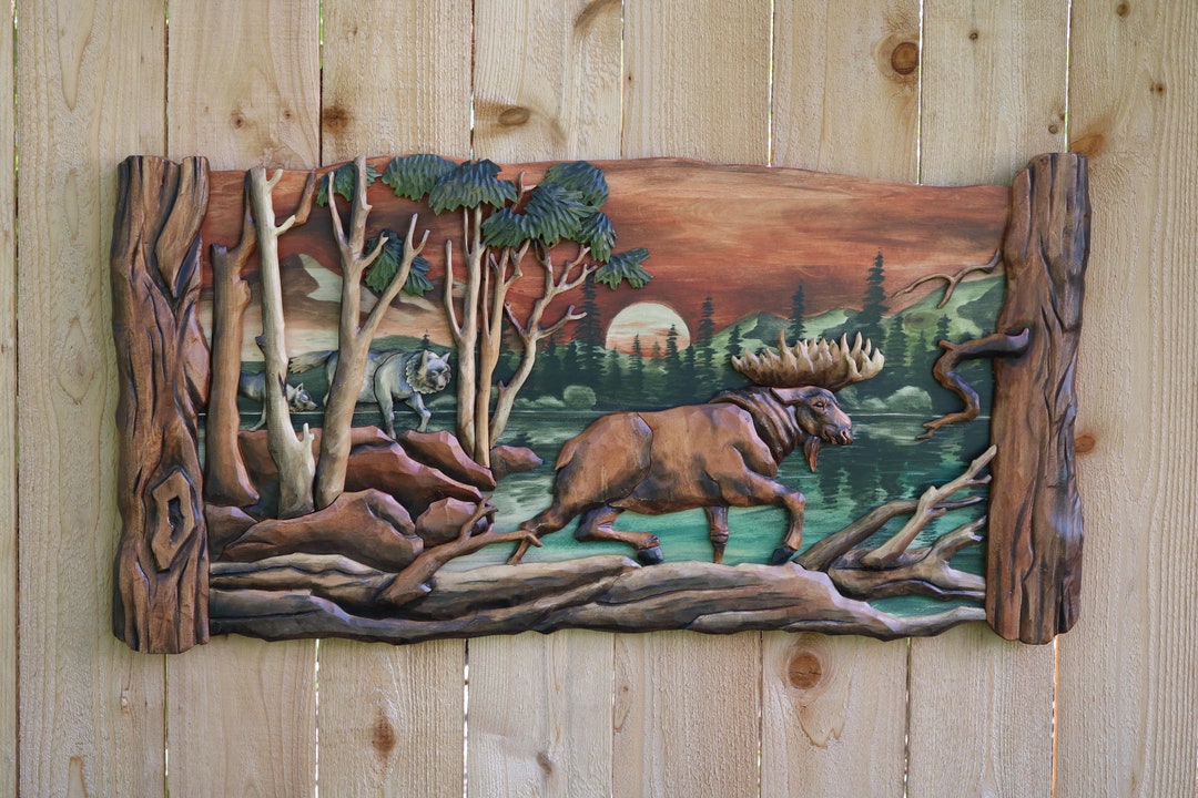 Moose and Wolf Intarsia Wood Wall Art, Moose and Wolf Intarsia Wood Art ...