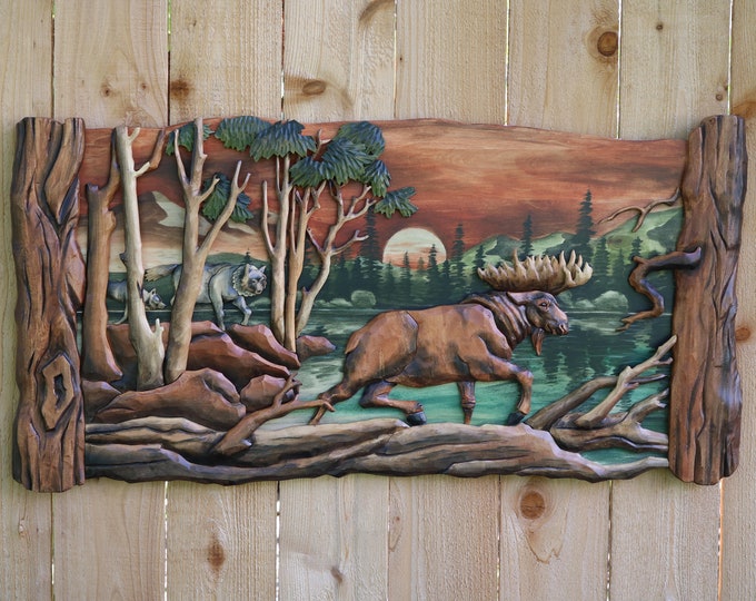 Moose and Wolf Intarsia Wood Wall Art, Moose and Wolf Intarsia Wood Art ...