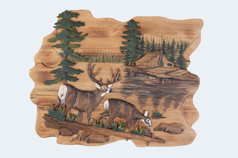 Deer Family Intarsia Wall Art, Deer Family Wood Art, Deer and Cabin ...