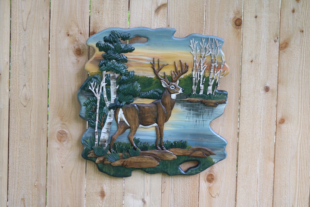 Intricate Deer Scenic Intarsia Wood Wall Décor Handmade - Etsy