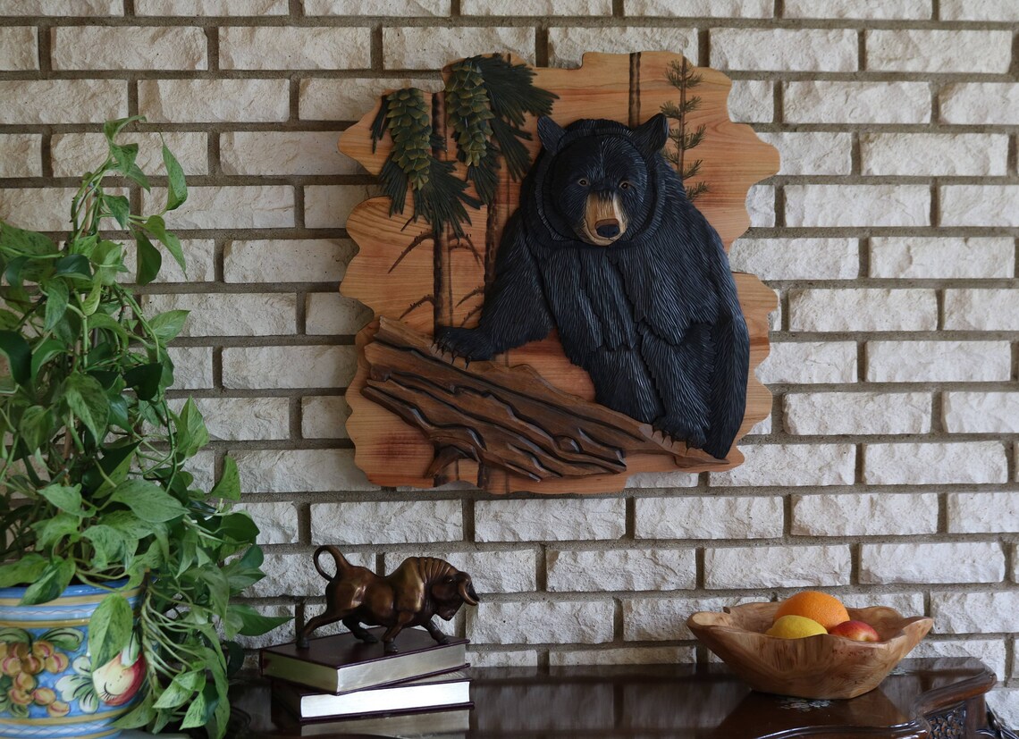 Bear on Log Intarsia Wood Wall Art Bear on Log Wood Art Bear | Etsy