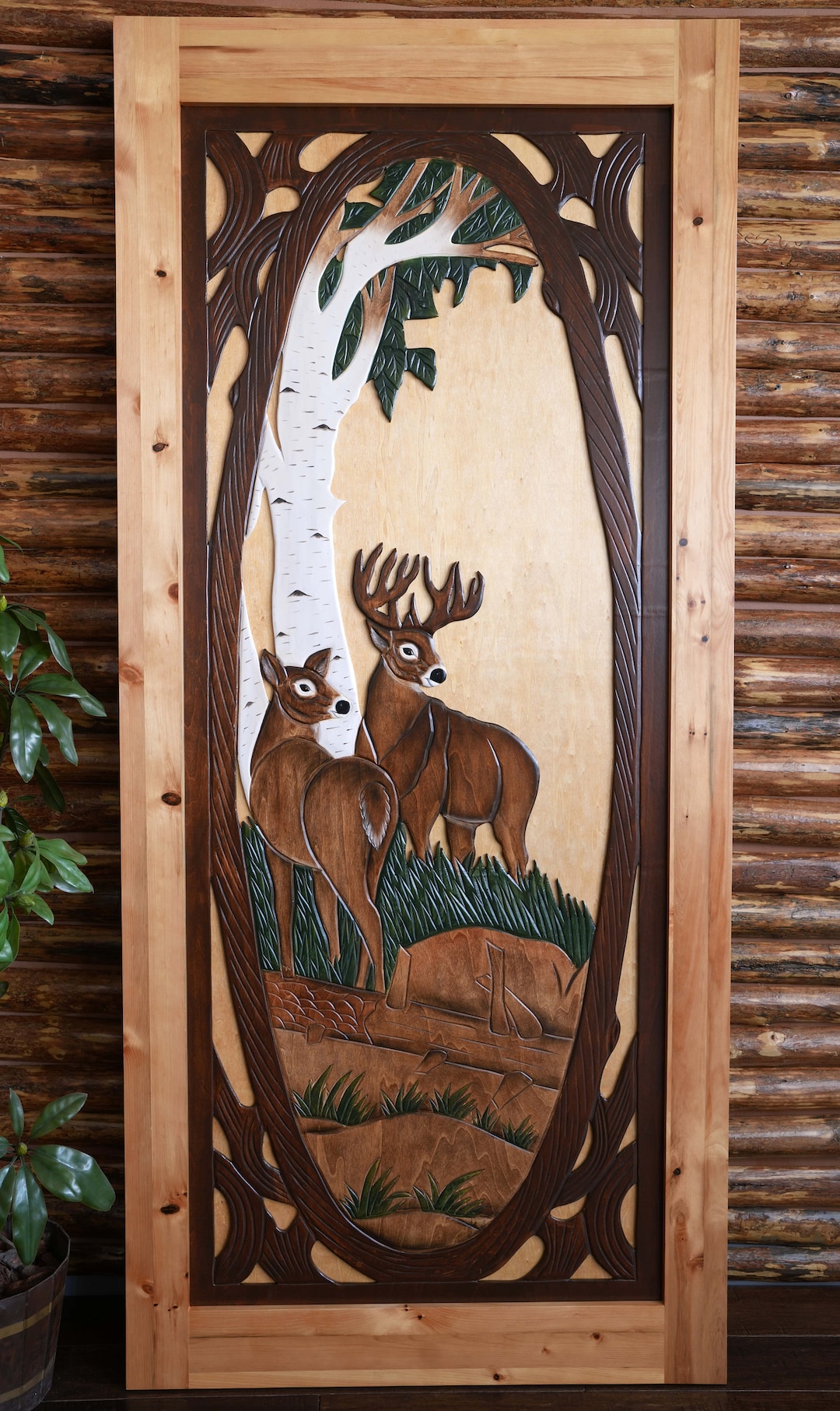 Deer Pine Door, Handmade Deer Pine Door, Handcrafted Pine Door, Wolf ...