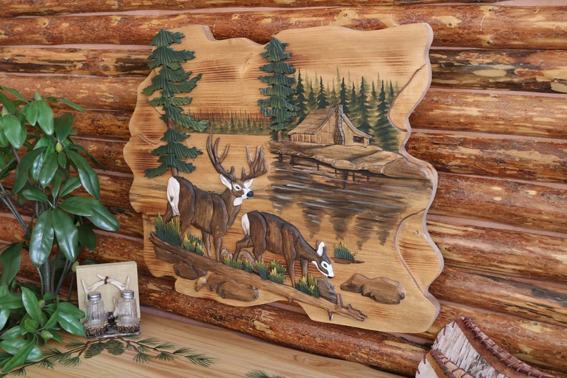 Deer Family Intarsia Wall Art, Deer Family Wood Art, Deer and Cabin ...