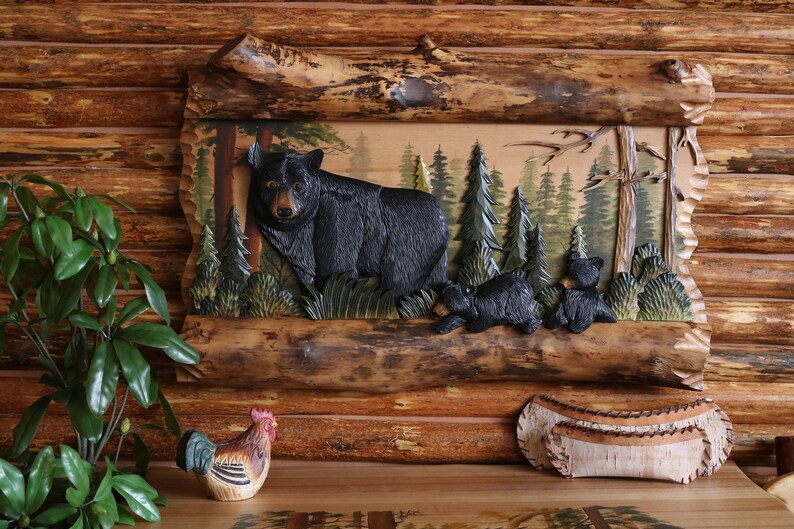 Bear and Cubs Intarsia Wood Wall Art Bear and Cubs Wall Cabin | Etsy