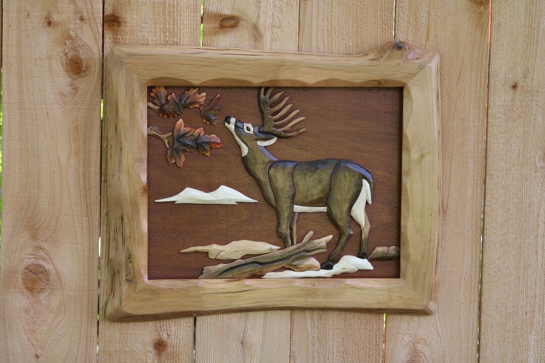 Deer Eating Leaves Intarsia Wood Wall Art, Deer Eating Leaves Intarsia ...