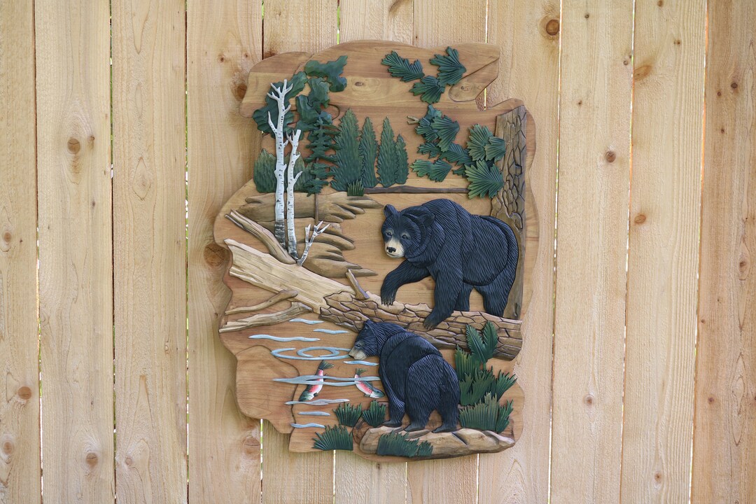 Bear Family Fishing Intarsia Wood Wall Art, Bear Family Fishing ...
