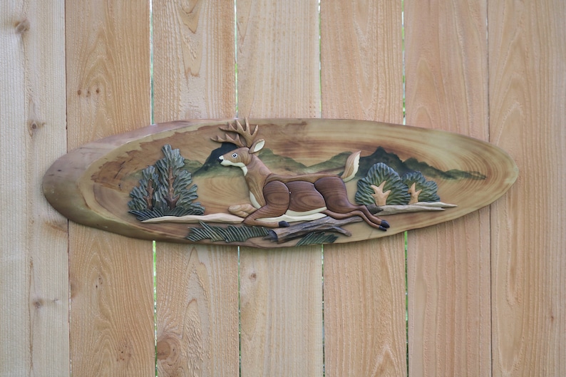 Deer Running Intarsia Wood Wall Art, Deer Running Intarsia Wood Art ...