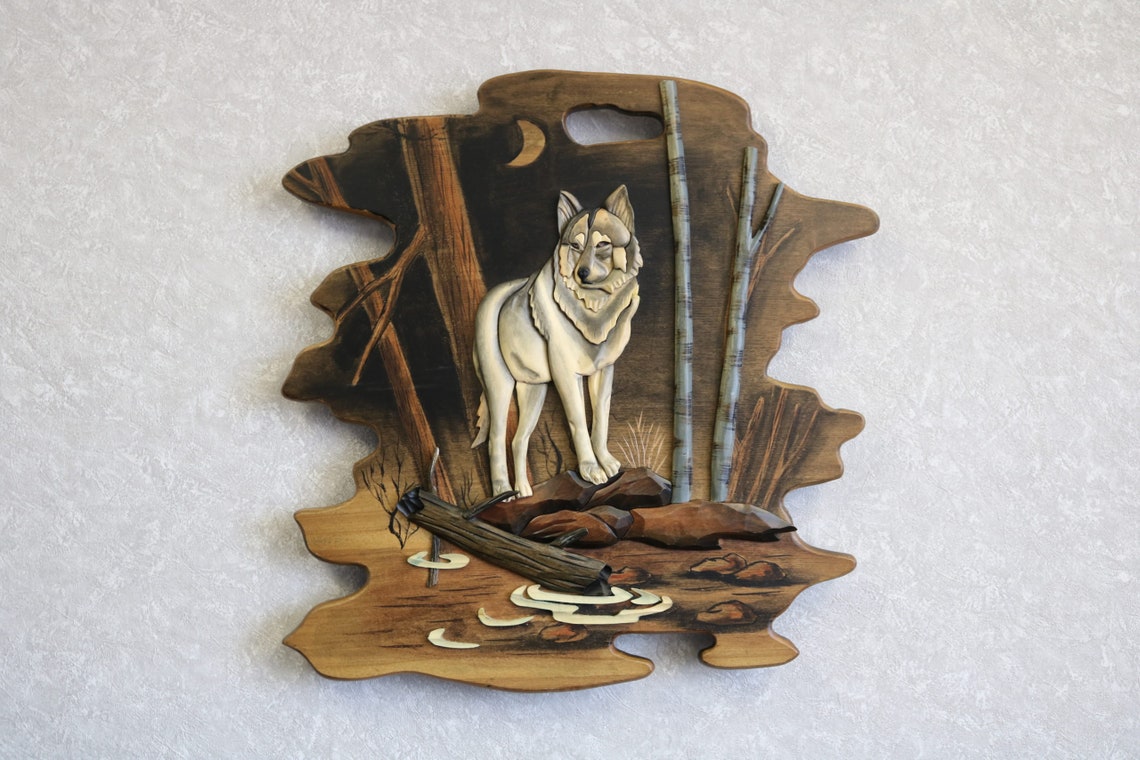 Handcrafted White Wolf Intarsia Wood Wall Hanging - Etsy