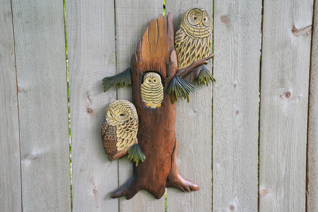 Owl Family Intarsia Wood Art, Owl Family Wood Art, Handcrafted Owl Art ...