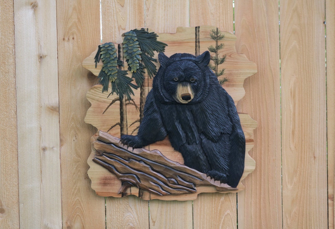 Bear on Log Intarsia Wood Wall Art, Bear on Log Wood Art, Bear on Log ...