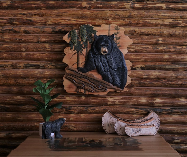 Bear on Log Intarsia Wood Wall Art Bear on Log Wood Art Bear - Etsy