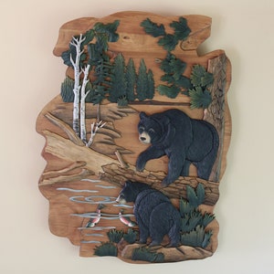 Bear Family Fishing Intarsia Wood Wall Art, Bear Family Fishing ...