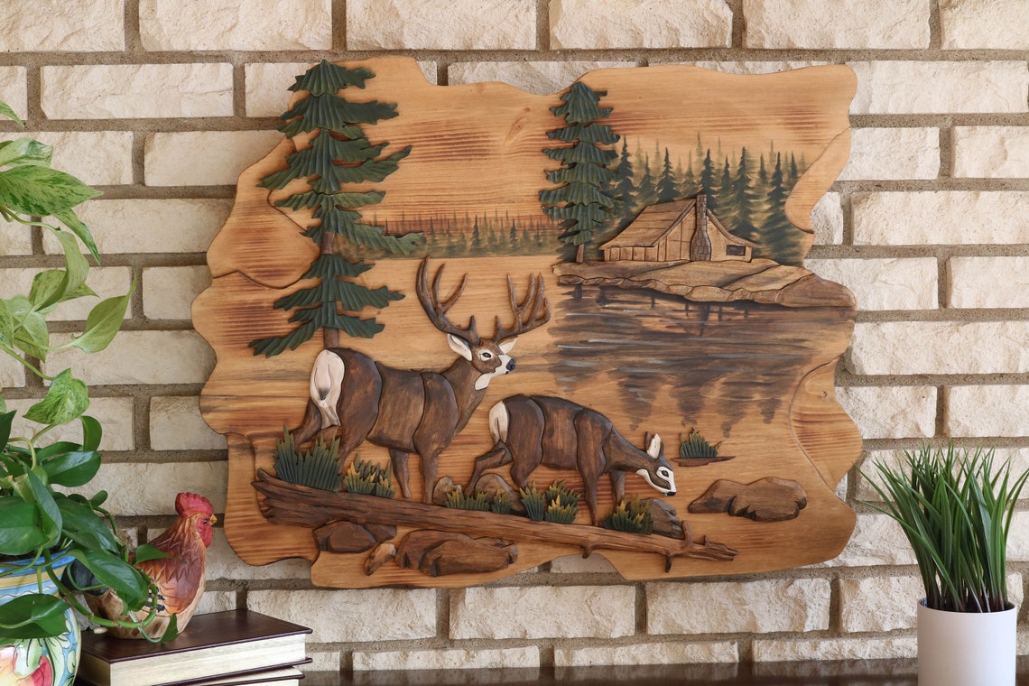 Deer Family Intarsia Wall Art, Deer Family Wood Art, Deer and Cabin ...