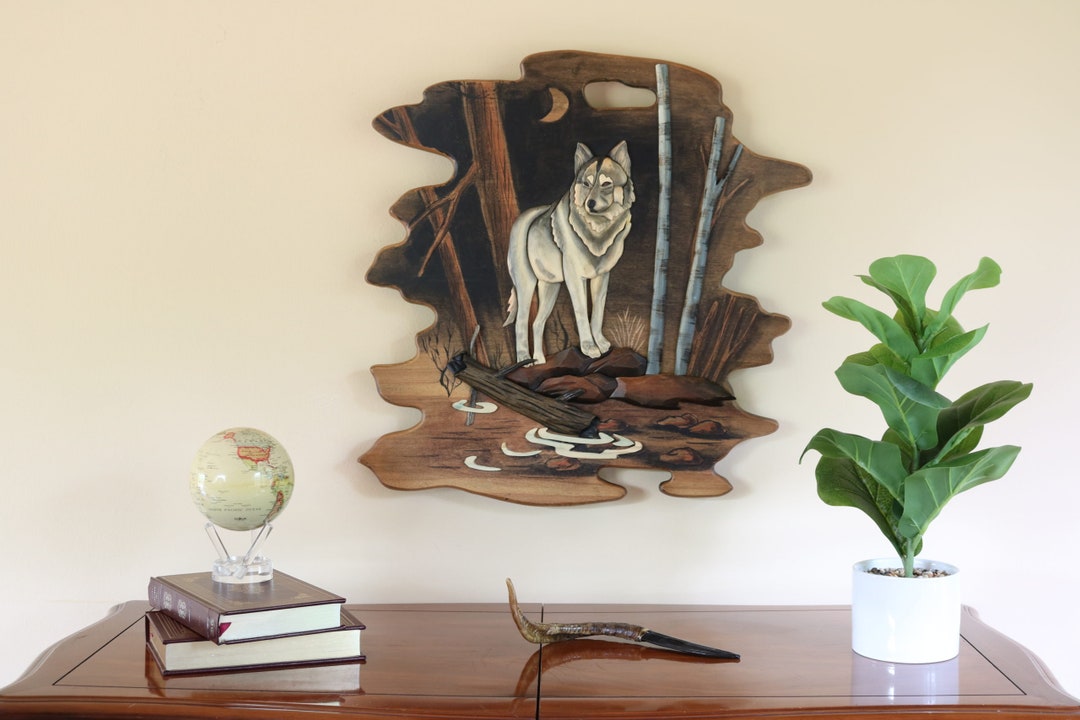 Handcrafted White Wolf Intarsia Wood Wall Hanging - Etsy