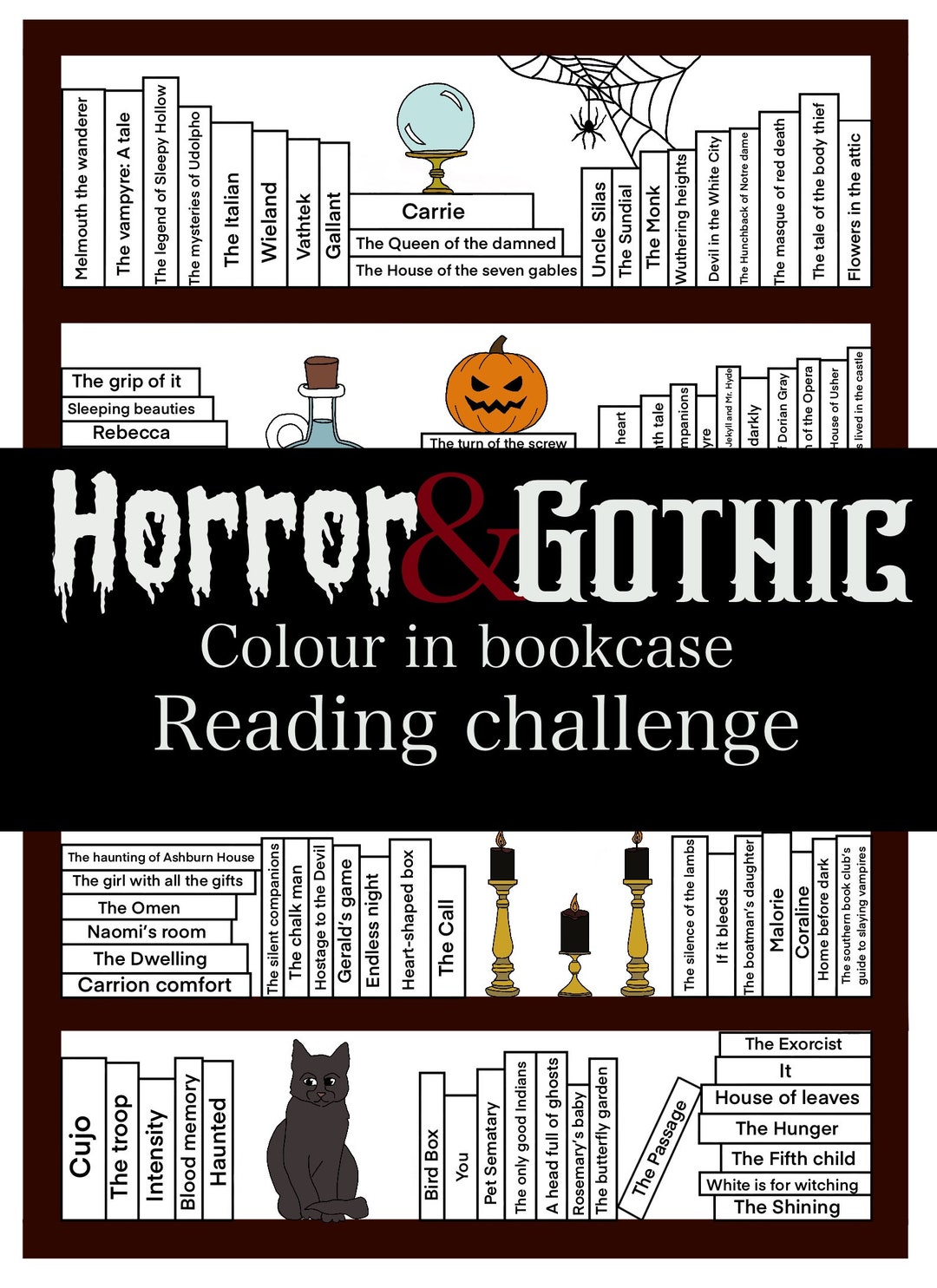 DIGITAL DOWNLOAD Horror and Gothic Reading Challenge Colou in Bookcase ...