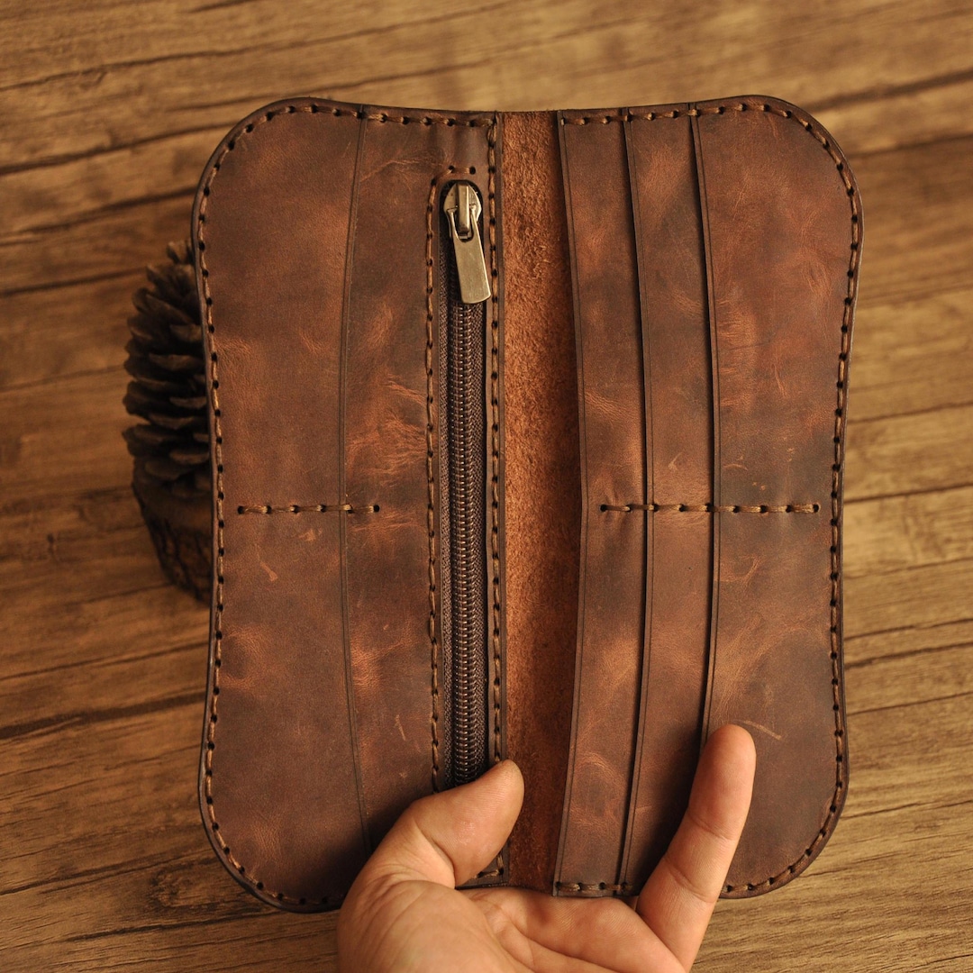 Dark Brown Leather Long Wallets, Men's Bifold Wallet, Women's Zipper ...