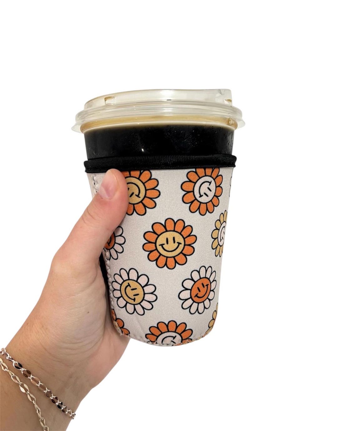 Coffee Sleeve With Happy Flowers, Coffee Cozy, Glass Sleeve, Retro ...