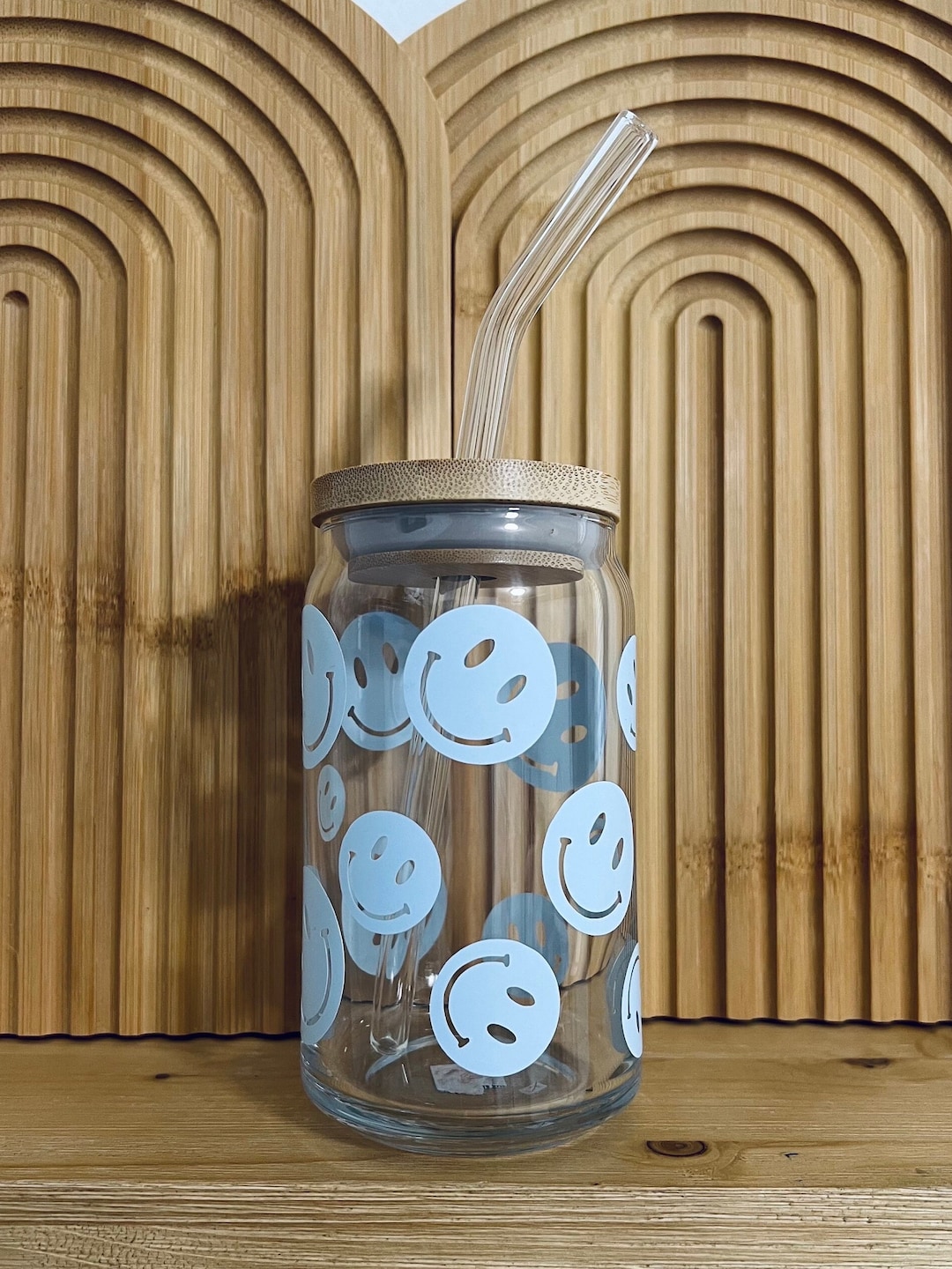 Happy Face Can Glass With Lid and Straw, Cute Can Glass, Smiley Faces ...