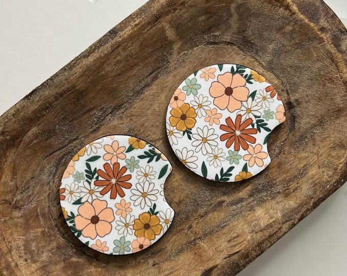 Retro Floral Car Coasters-car Decor-set of Two-spring-summer-gift Idea ...