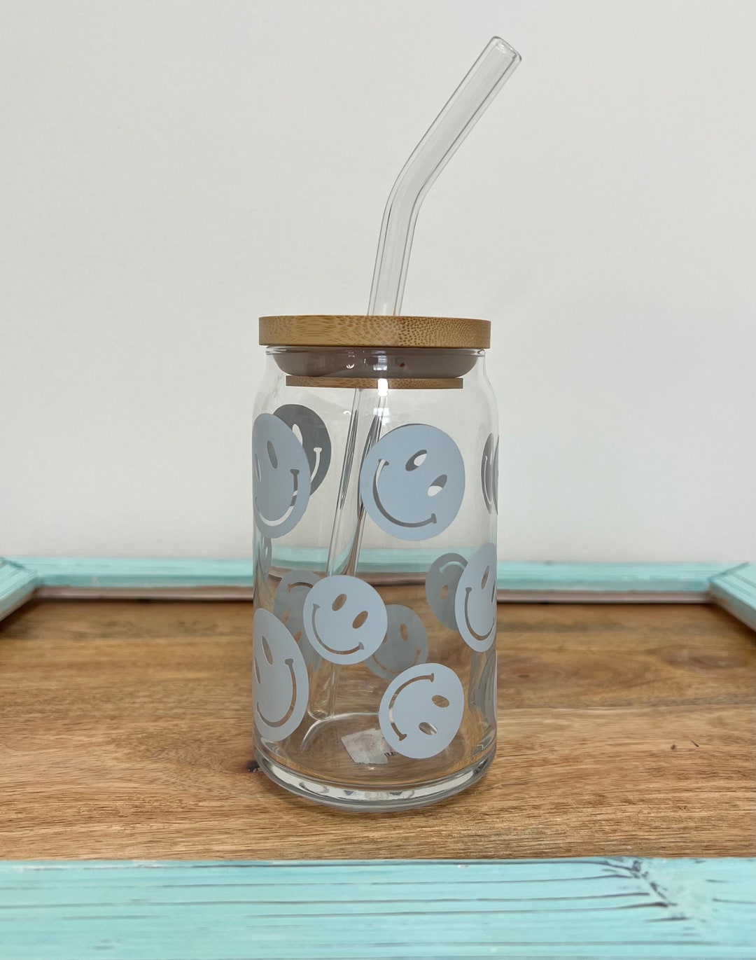 Happy Face Can Glass With Lid and Straw, Cute Can Glass, Smiley Faces ...