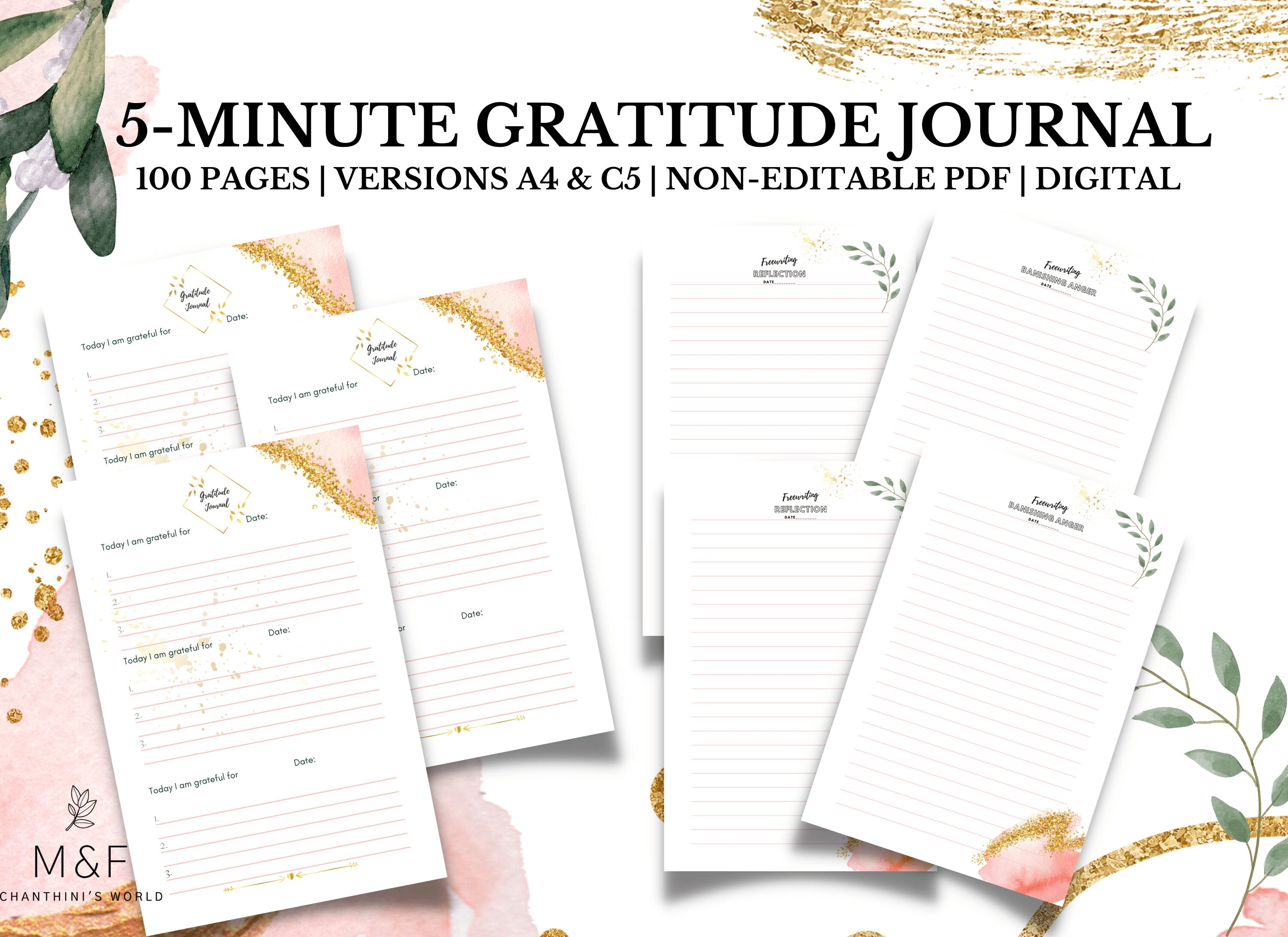 5 Minute Printable Gratitude Inspirational Journal | Wellness Notebook ...
