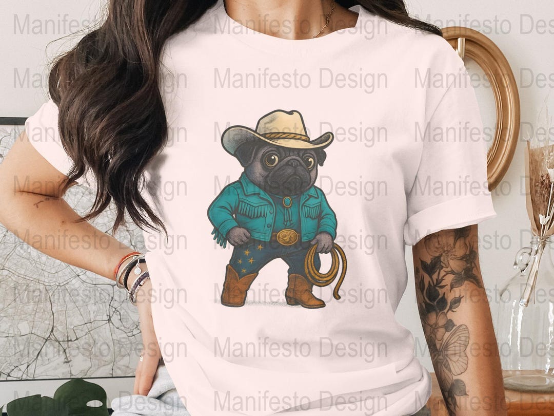 Western Pug Cowboy Digital Art: Funny Canine Illustration PNG for Pet ...