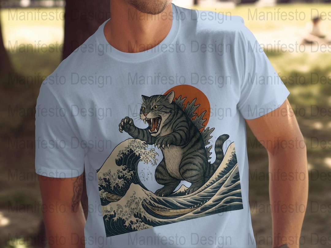 Godzilla Cat Great Wave Digital Art: Kaiju Kitty PNG Download, Funny ...