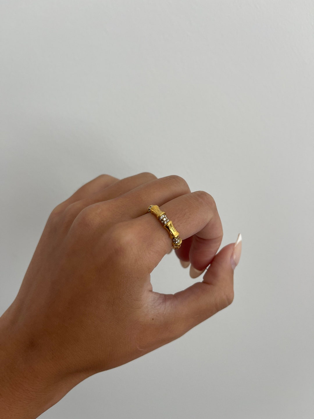 Gold Bamboo Ring, Pave Rings, Unique Ring, Stackable Ring Gold, Gold ...