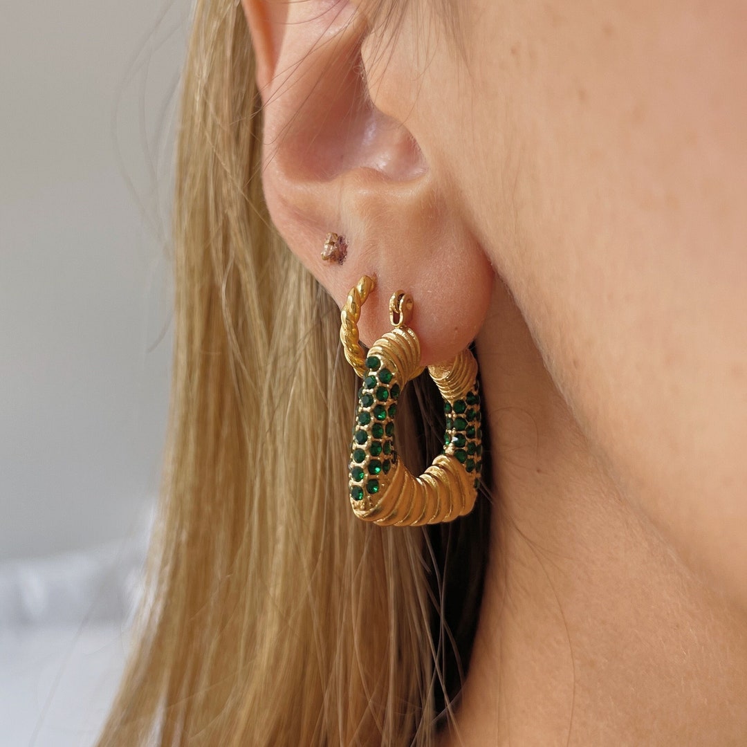 Square Diamond Hoop Earrings, Pave Square Hoops, Gold Pave Hoops, Thick ...