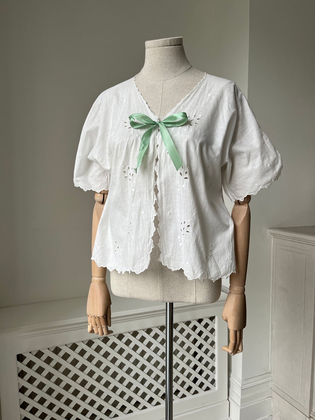 L 1910's Antique Edwardian Cotton Bed Jacket With Green Ribbon - Etsy